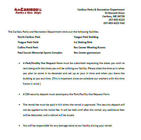 Facility Use Request Form | Caribou Parks & Recreation Department